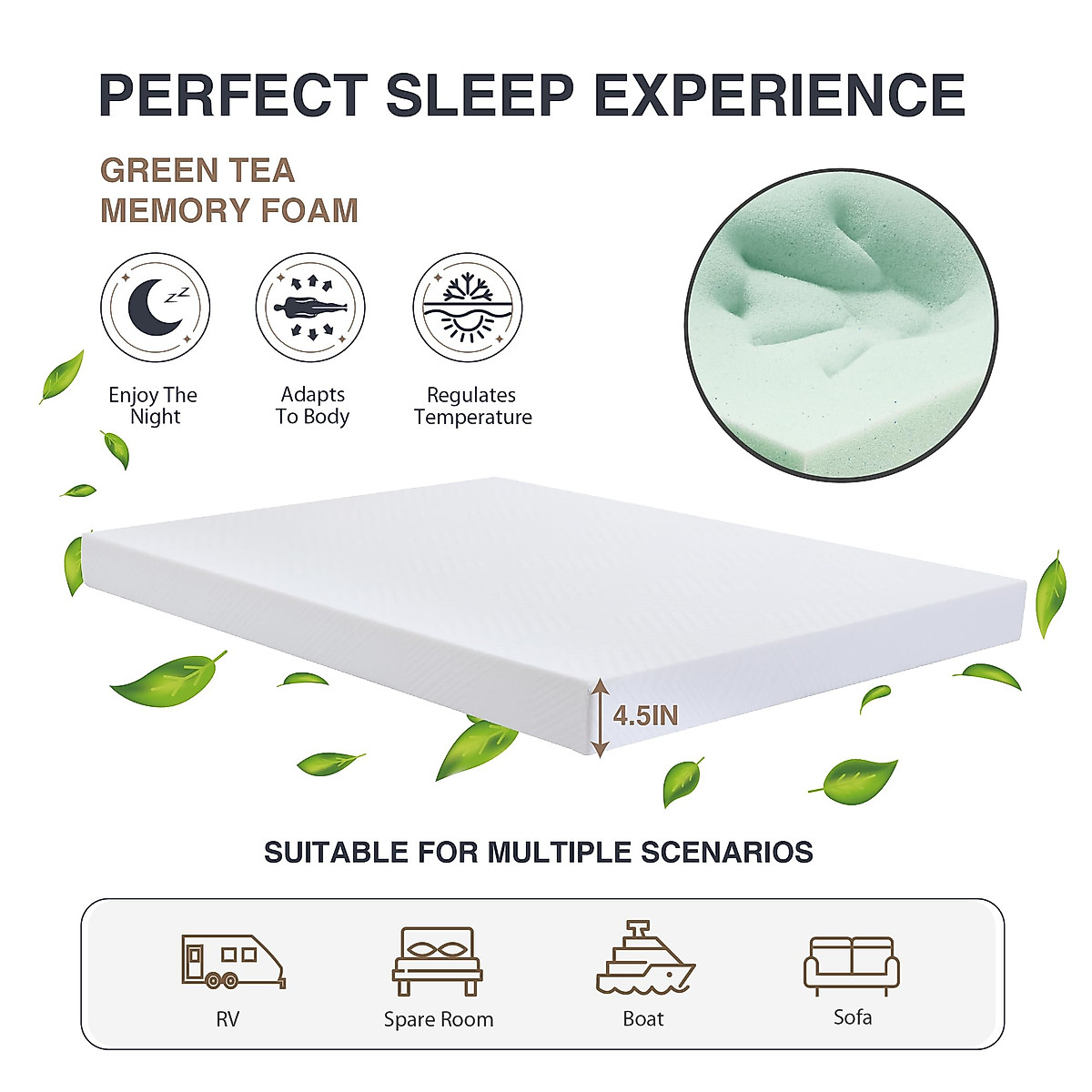 Dyonery 4.5 Inch Queen Memory Foam Sofa Bed Mattress with Fiberglass-Free and Washable Cover for Sleeper Sofa, Couch Beds, Queen Mattress, White (Sofa Not Included)