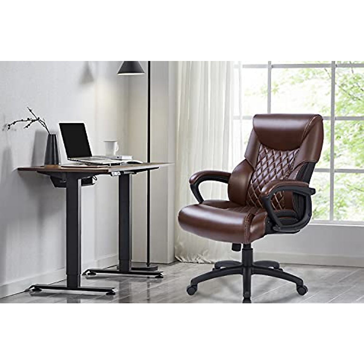 Executive Office Chair 350lbs - Adjustable Built-in Lumbar Support, Leather Office Chair with Spring Cushion, Computer Desk Chair with Padded Armrest, 360° Swivel Chair for Home and Office (Brown)