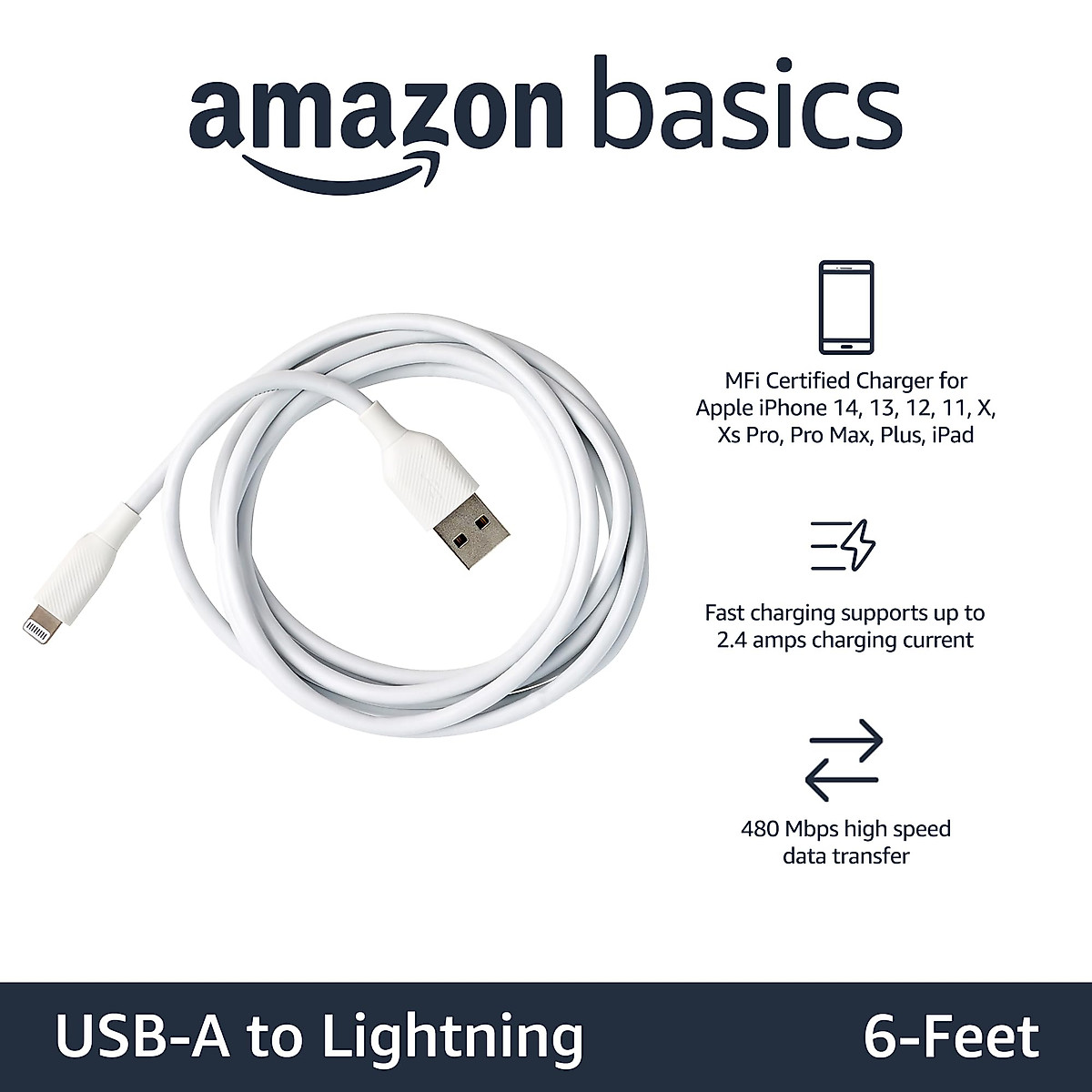 Amazon Basics 2-Pack USB-A to Lightning ABS Charger Cable, MFi Certified Charger for Apple iPhone 14 13 12 11 X Xs Pro, Pro Max, Plus, iPad, 6 Foot, White