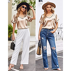 Ekouaer Silk Pjs for Women Set Comfy Two Piece Satin Pajamas Set Casual V Neck Top with Short Loungewear Champagne Small