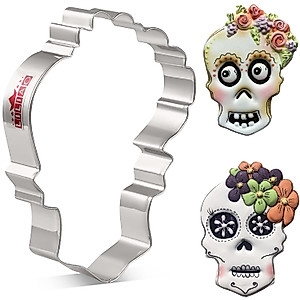 LILIAO Halloween Skull with Flowers Cookie Cutter - 3.4 x 4.6 inches - Stainless Steel - by Janka