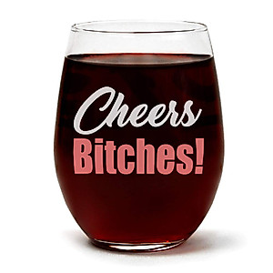 Cheers Funny Cute Wine Glass,Stemless 15oz, Box, Happy Birthday for Women or men, Unique Idea for Her, Mom, Wife, Girlfriend, Sister, Grandmother, Aunt, Friend, BFF, Coworker