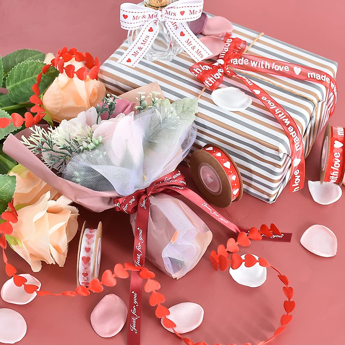 6 Rolls Valentine's Day Ribbon Set Organza Love Heart Printed Grosgrain Satin Ribbon for Wreaths Bows DIY, Gift Wrapping, Wreath, Wedding Decorations on Valentine's Day (98.4 Ft ，33Yards)