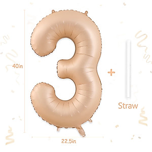 3 Balloon, Number 3 Balloon, 3 Balloon Number 40 Inch, Beige Large Big Foil Number Balloons for Birthday Party Graduation Wedding Anniversary Baby Shower Bachelorette Decoration Supplies
