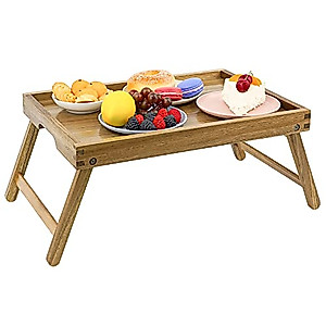 VaeFae Acacia Bed Table Tray, Wooden Breakfast Tray with Folding Legs, Bed Tray for Eating and Laptop, Eating Trays for Bedroom