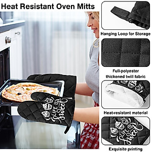 GROBRO7 6Pcs Cotton Oven Mitts and Pot Holders Set Life is Sweet Resistant Pocket Potholder Machine Washable Microwave Gloves with Hanging Loop Hot Pads for Daily Kitchen Baking Cooking Grilling Black