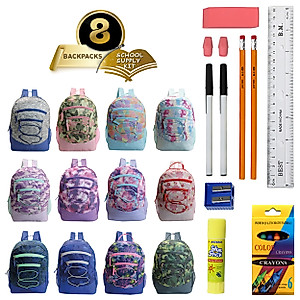 Moda West 17 Inch Bulk Backpacks with 18 Piece Wholesale School Supply Kits in 8 Assorted Styles - Case of 8 Pack Bundle