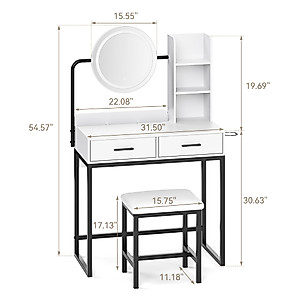Dowinx Vanity Desk with LED Lighted Mirror & Power Outlet, White Vanity Desk with Adjustable 3 Lighting Modes, Small Vanity Desk for Bedroom, Makeup Vanity with Chair for Girl, White and Black