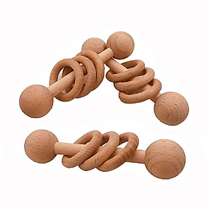 Arakierst 1pcs Beech Wooden Ring Rattle Teether Chew Wood Beads Rattling Teething Gym Montessori Toys Wooden Educational Ring Rattle (Rattle 1pcs)