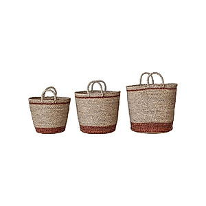 Creative Co-Op Woven Seagrass Baskets with Stripes and Handles, Natural and Brown, Set of 3