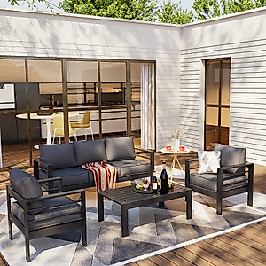 Amopatio Aluminum Patio Furniture Set, 6 Pieces Modern Patio Conversation Sets, Outdoor Sectional Metal Sofa with Coffee Table for Balcony, Garden, Dark Grey (Included Waterproof Covers)