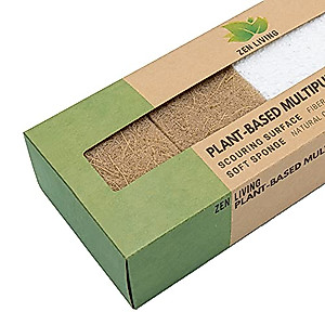 Zen Living Natural Sponge - Eco-Friendly Scrub Sponges for Kitchen - Non Scratch Odor Free Biodegradable Plant Based Scrubber Pads for Cleaning Dishes - Best Wooden Pulp Sponge (Brown-White, 12 Pack)