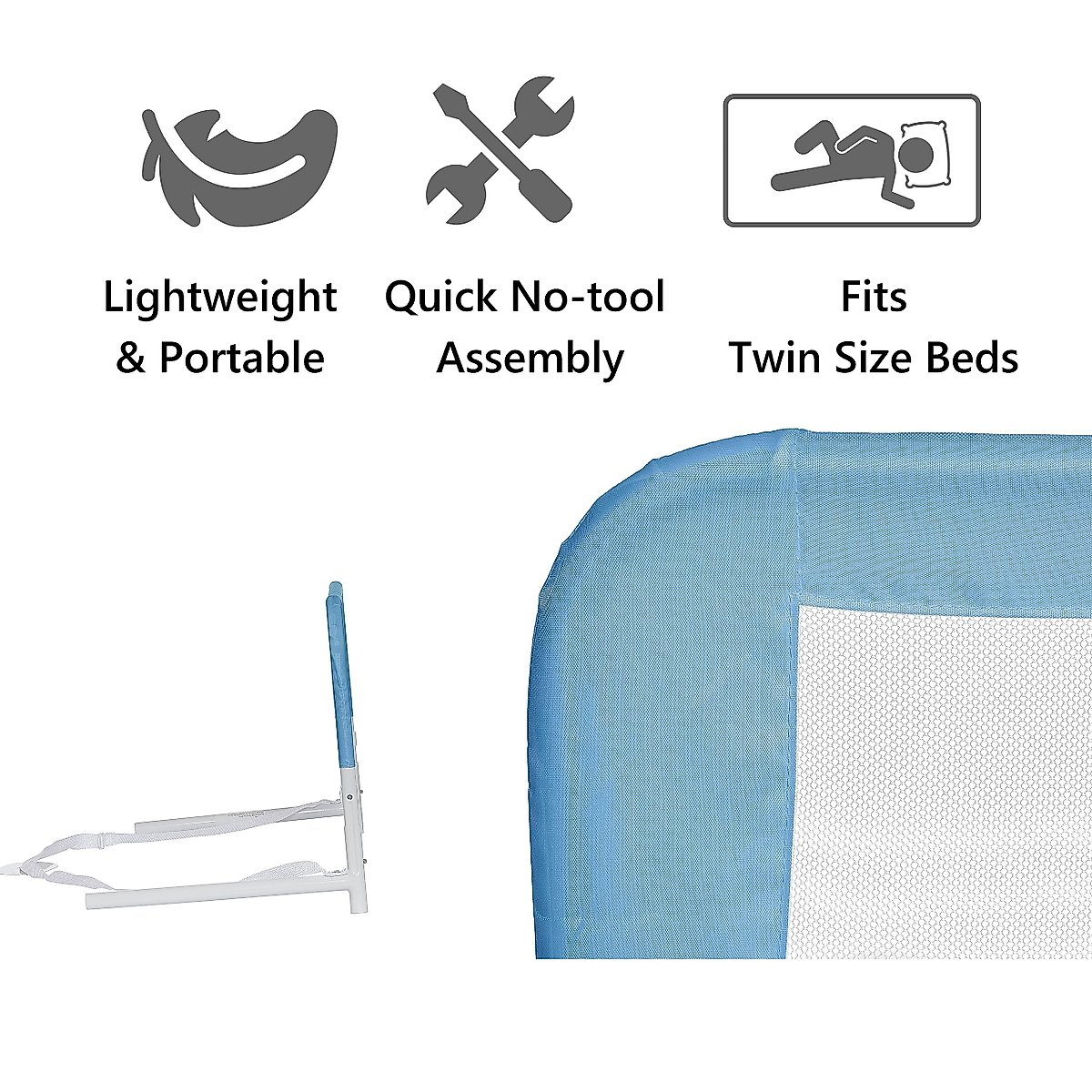 Adjustable Mesh Bed Rail in Blue, Two Height Levels, Breathable and Durable Fabric, Lightweight and Portable Bed Rail for Toddlers, Double Pack