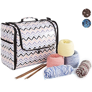 PACMAXI Yarn Storage Knitting Bag-High Capacity Portable Yarn Tote Storage Organizer with Shoulder Strap and Hook for Cotton Yarns, Crochet Hooks, Knitting Needles(Up to 10 Inch) (Blue（Large）)