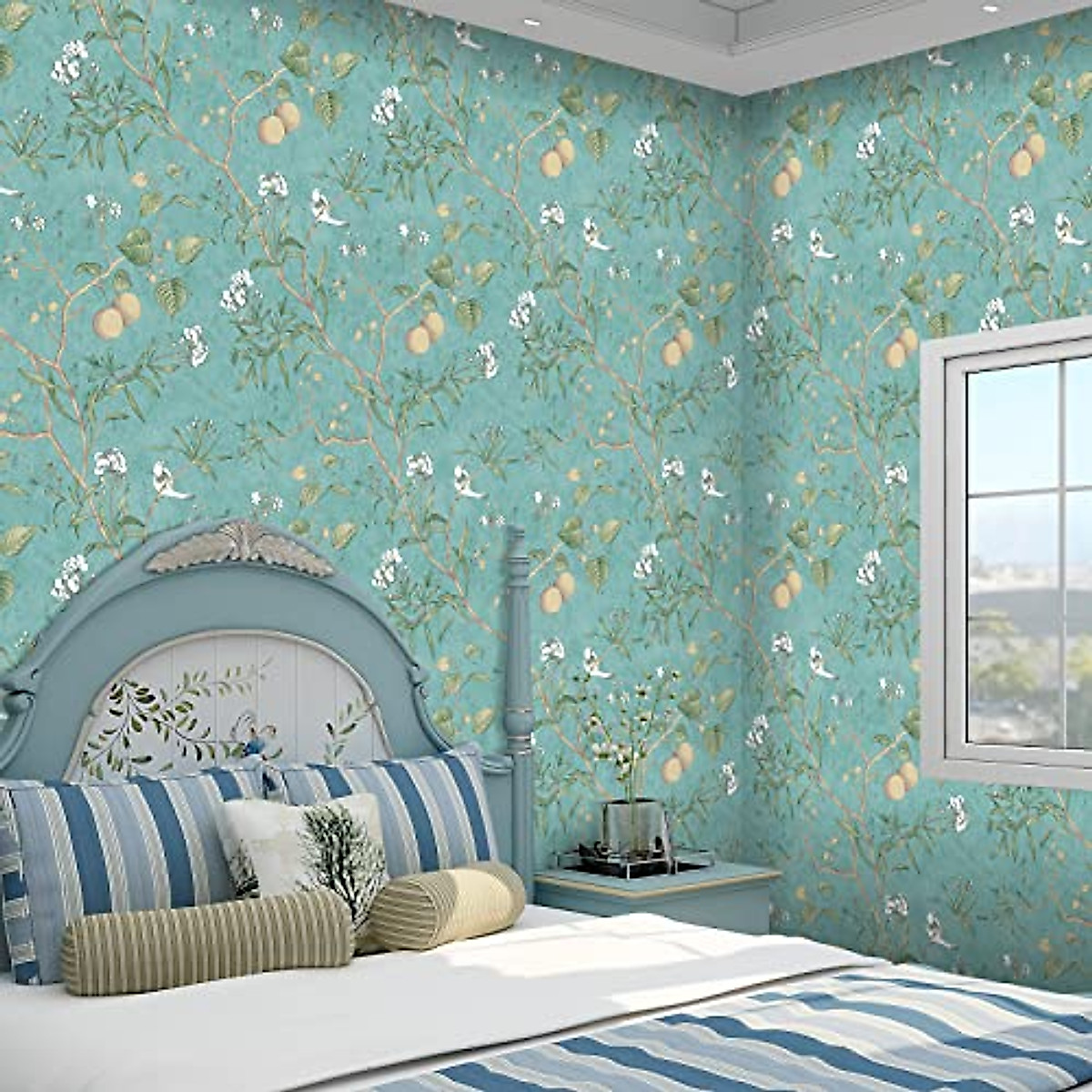 Floral Peel and Stick Wallpaper Contact Paper: Vintage Removable, Bird Stick on Wallpaper 17.7 x 118.1 inch Self Adhesive Green