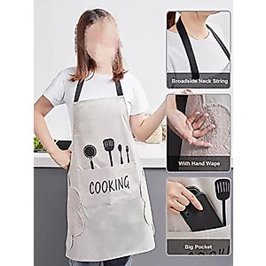 Agirlvct 2 Pack Kitchen Apron with Hand Wipe,Water-drop Resistant with 2 Pockets Cooking Bib Aprons for Mother Women Men Chef Coffee Restaurant (Black&Beige)