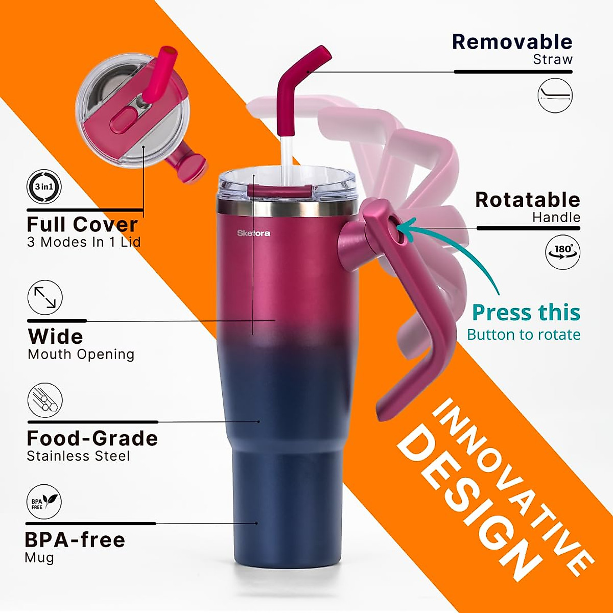 SKETORA 32 oz Tumbler with Rotatable Handle & 3 in 1 Sliding Lid - Stainless Steel Travel Coffee Mug for Hot & Cold Drinks (Midnight Matte Black)