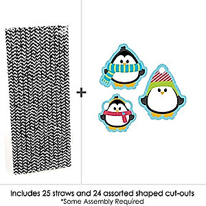 Holly Jolly Penguin Paper Straw Decor - Holiday & Christmas Striped Decorative Straws - Set of 24