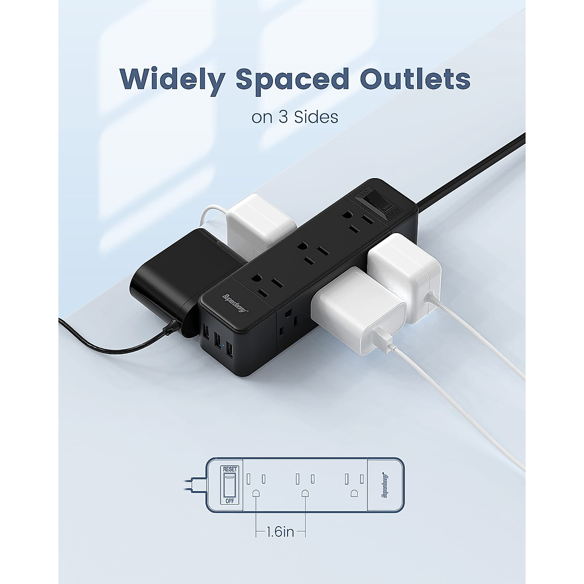 Power Strip Surge Protector, 9 Widely Spaced Outlets with 3 USB Ports, 3 Side Outlet Extender with 6.5 Ft Extension Cord, 1050 Joules, Flat Plug, Wall Mount Charging Station for Home Office Dorm Black