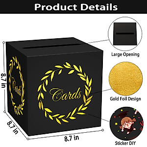 Black Card Box for Party, 8.7" Leaf Gold Foil Design Gift Cards Receiving Box Holder for Wedding, Bridal Shower, Graduation, Birthday, Retirement, Baby Shower, Anniversaries Party Decorations
