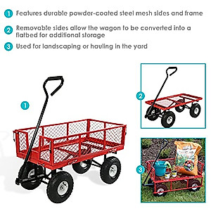 Sunnydaze Utility Steel Garden Cart, Outdoor Lawn Wagon with Removable Sides, Heavy-Duty 400 Pound Capacity, Red