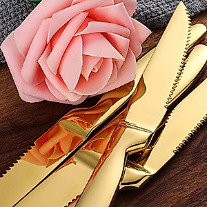 Stainless Steel Serrated Steak Knife Set of 6, BuyGo Gold Color Heavy Duty Dinner Table Knives for Cutting Meat, Beef, 8.6 Inch, Dishwasher Safe