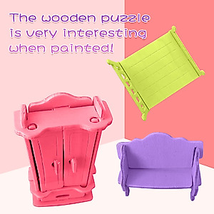 Small Furniture,Dollhouse Furniture and Accessories 34PCS Wooden Dollhouse Furniture Set 3D Puzzle Miniature Puzzle Doll House Furniture Kit Puzzle Gift for Kids Teens and Adults