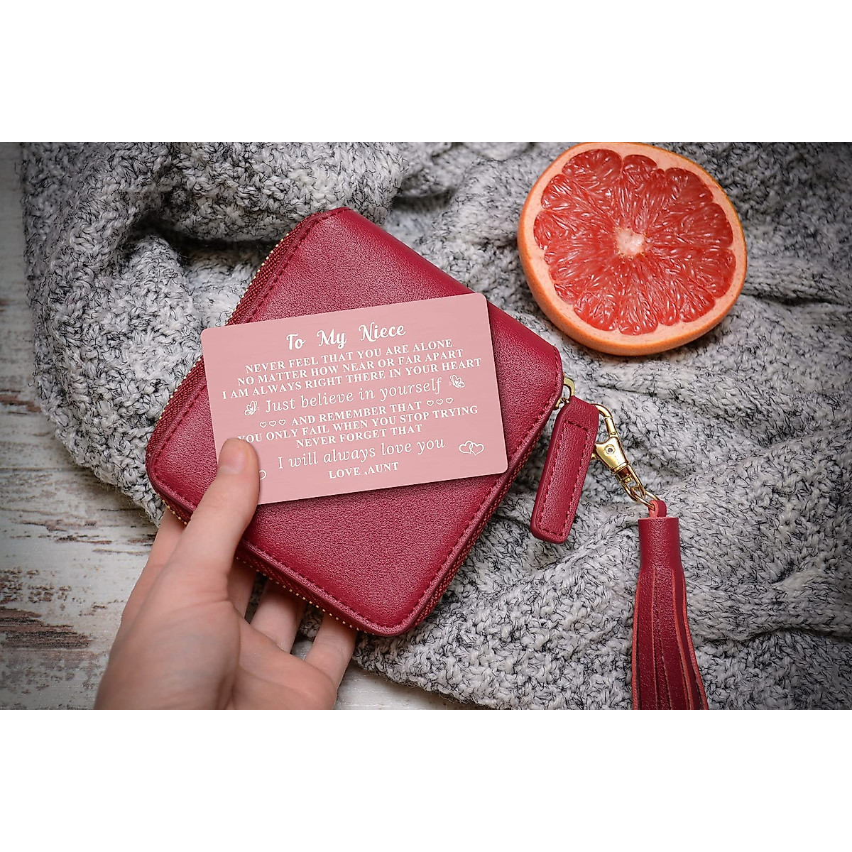 Ptzizi Niece Pink Metal Wallet Insert Card, Engraved Inspirational Wallet Card for Niece Birthday Adult Christmas Graduation Gifts from Aunt Uncle (A11)