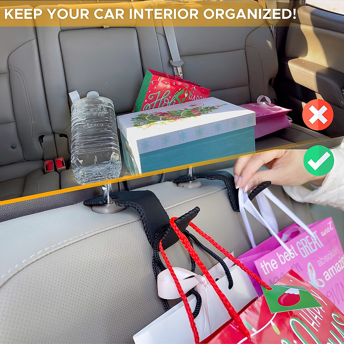 EcoNour Leather Car Seat Hooks (2 Pack Black) | Portable Bag Holder for Car to Keep Your Purse, Groceries & Handbags from Sliding Around | Headrest Hook with Crafted Stitches