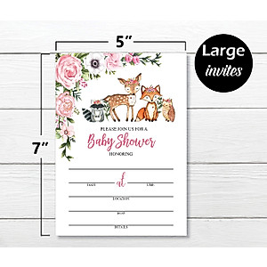 All Ewired Up 25 Girl Woodlands Floral Greenery Baby Shower Invitations (Large Size 5X7 inches) and 50 Pack Watercolor Girl Woodland Greenery Thank You Cards