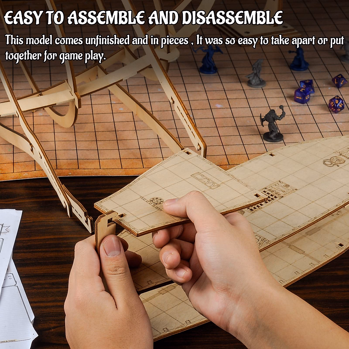 3D Airship Model Wood Laser Cut Hot Air Balloon with 1" Grids Fantasy Aerial Combat Terrain Map for D&D, Pathfinder, Warhammer and Other Tabletop RPG