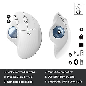 Logitech ERGO M575 Wireless Trackball Mouse - Easy thumb control, precision and smooth tracking, ergonomic comfort design, for Windows, PC and Mac with Bluetooth and USB capabilities - Off White