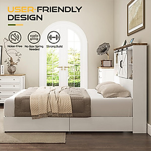 HOWE King Size Wood Platform Bed Frame with 51.2" Bookcase Headboard, Storage Bed with Sliding Barn Door Charging Station 2 Drawers, No Box Spring Needed/Farmhouse/White
