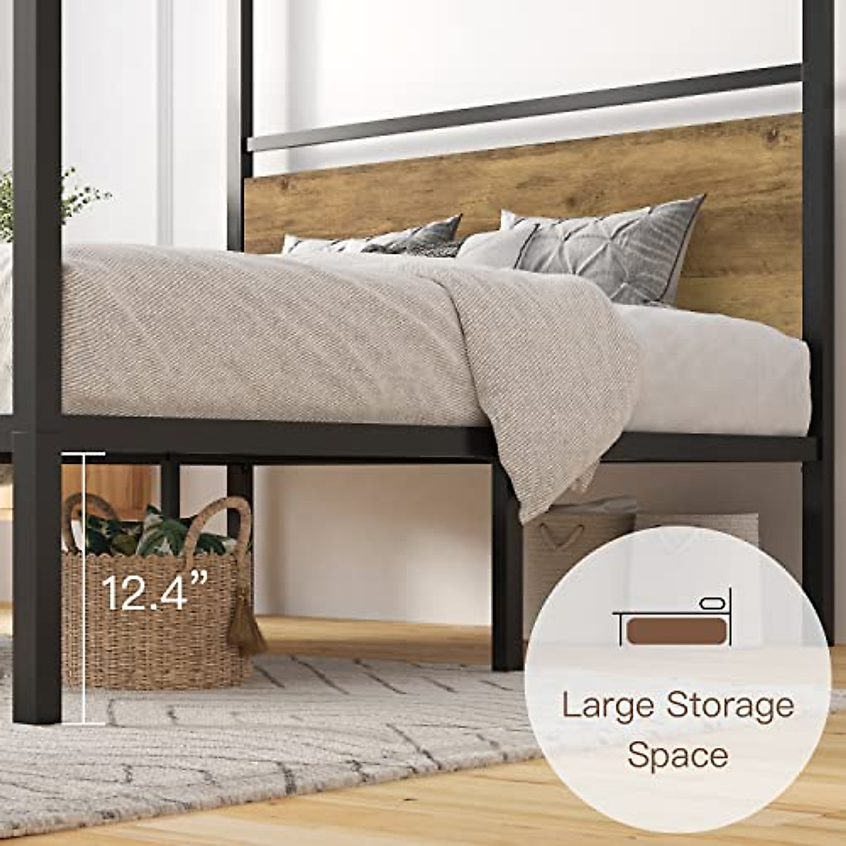 ikalido Queen Size Metal Canopy Bed Frame with Wooden Headboard, Classic Design Canopy Bed with 4 Sturdy Posters, Noise Free/No Box Spring Needed/Industrial Brown