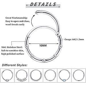 FIBO STEEL Cartilage Hoop Earrings for Men Women Stainless Steel CBR Hinged Clicker Nose Ring Helix Septum Couch Daith Lip Tragus Piercing Sleeper Earrings Jewelry Set 18G 10MM