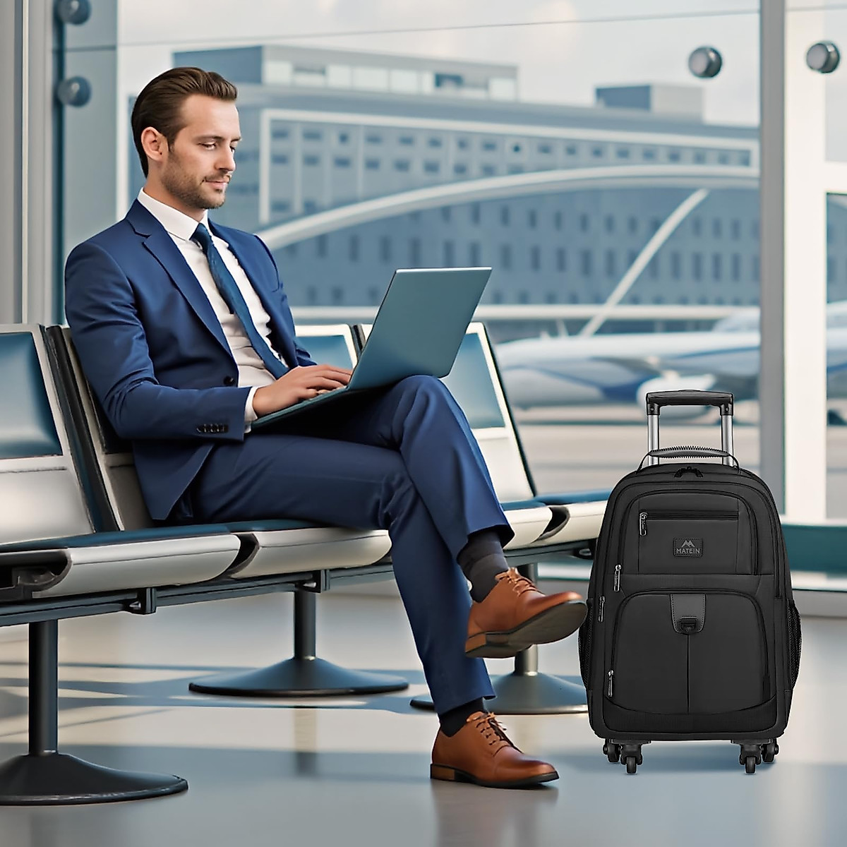 MATEIN Rolling Backpack with 4 Wheels, 17 inch Travel Laptop Backpack for Women Men, Large Wheeled Backpacks Water Resistant Business Carry on Bag Airline Approved, School Luggage Suitcase Bag, Black