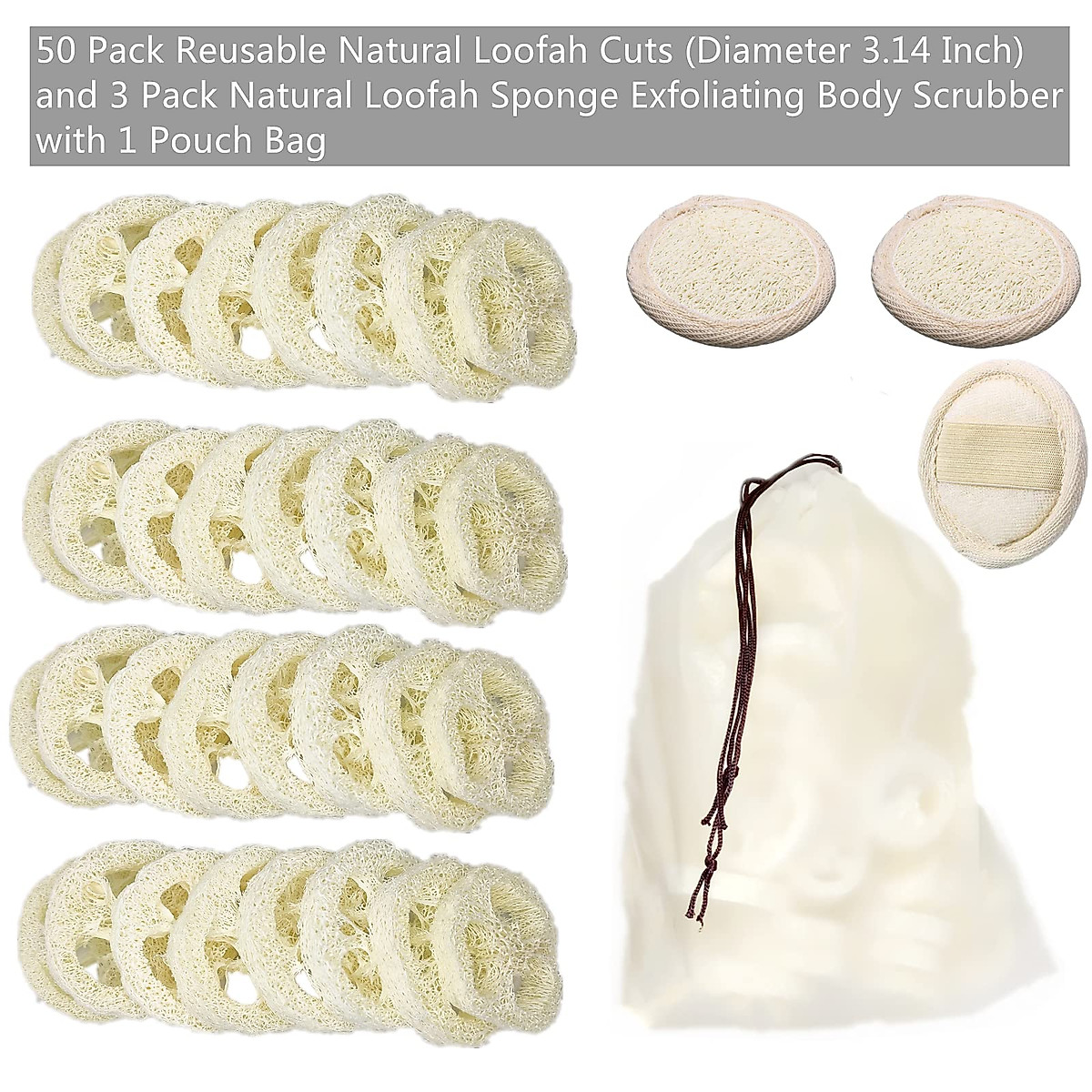 50Pcs Natural Loofah Slice of 3.15inch, Reusable Natural Loofah Cuts for Cleaner Sponge Scrubber, Facial Soap Holder and DIY Customize Soap Tools, with 3Pcs Exfoliating Loofah Pad and 1 Storage Bag