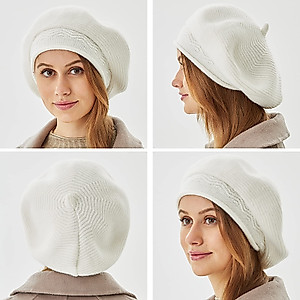 Women French Beret Hat Beanie Winter Knit Knitted Warm Wool Slouchy Paris Basque Baret Barrette Artist Cap White Classic Solid Color, Boinas de Mujer, Gifts for Ladies