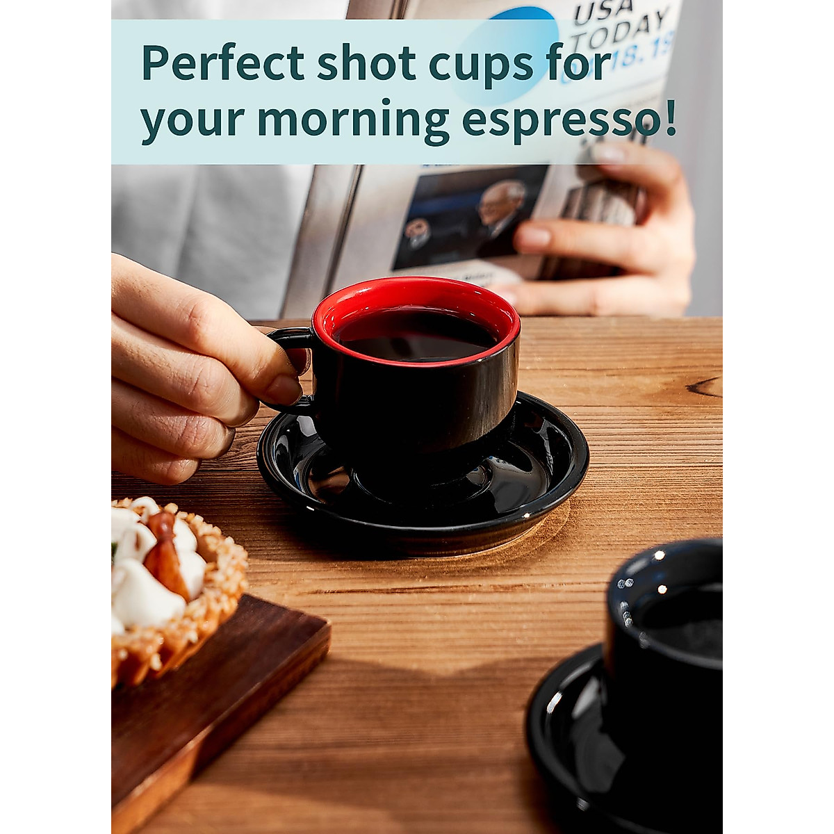 Teocera Porcelain Espresso Cups with Saucers and Metal Stand - Set of 6 Stackable Demitasse Cups, 2.5 Ounce for Coffee and Tea, Black Multi Color