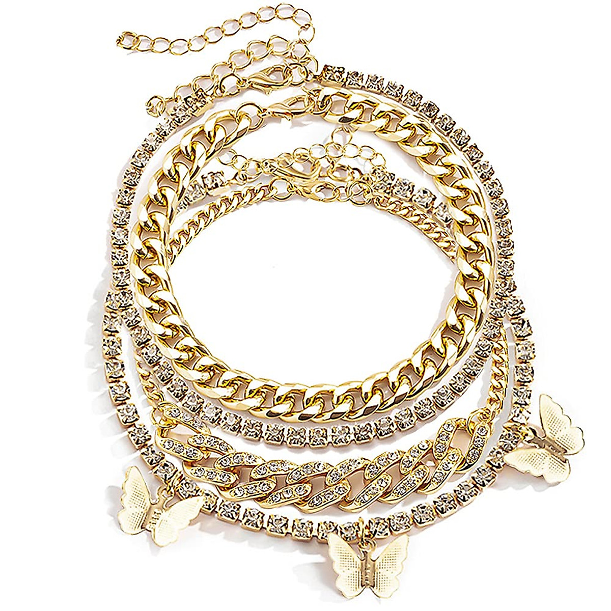 HaHaGirl Layered Butterfly Anklet for Women Charms Butterfly Gold Silver Rhinestone Cuban Anklets Adjustable Anklet for Summer Beach (Gold)