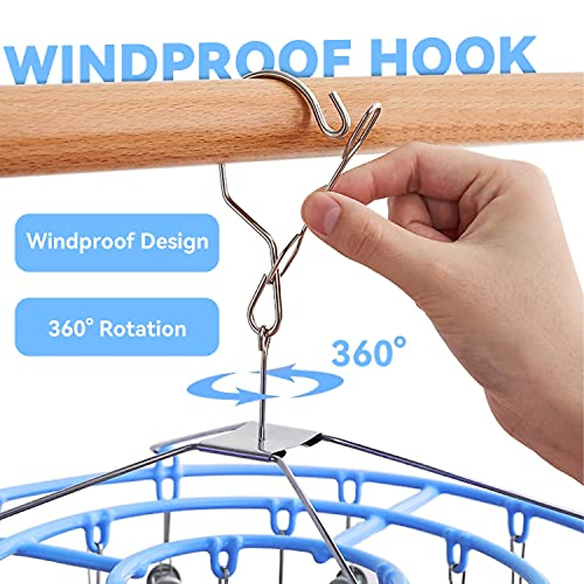 Funamily Clothes Drying Rack,Stainless Steel Laundry Drip Hanger with 24 Clips, Heavy Duty Round Swivel Windproof Hook Underwear Hanger for Drying Towel, Bras, Sock,Lingerie, Baby Clothes (Blue)