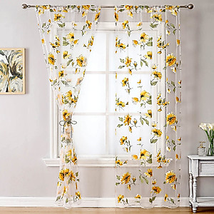 BROSHAN Sheer Curtains Yellow Flowers 1 Set of 2 Panels, Spring Beautiful Flower Voile Tulle Sheer Print Curtain Panels for Bedroom Living Room Window Treatments