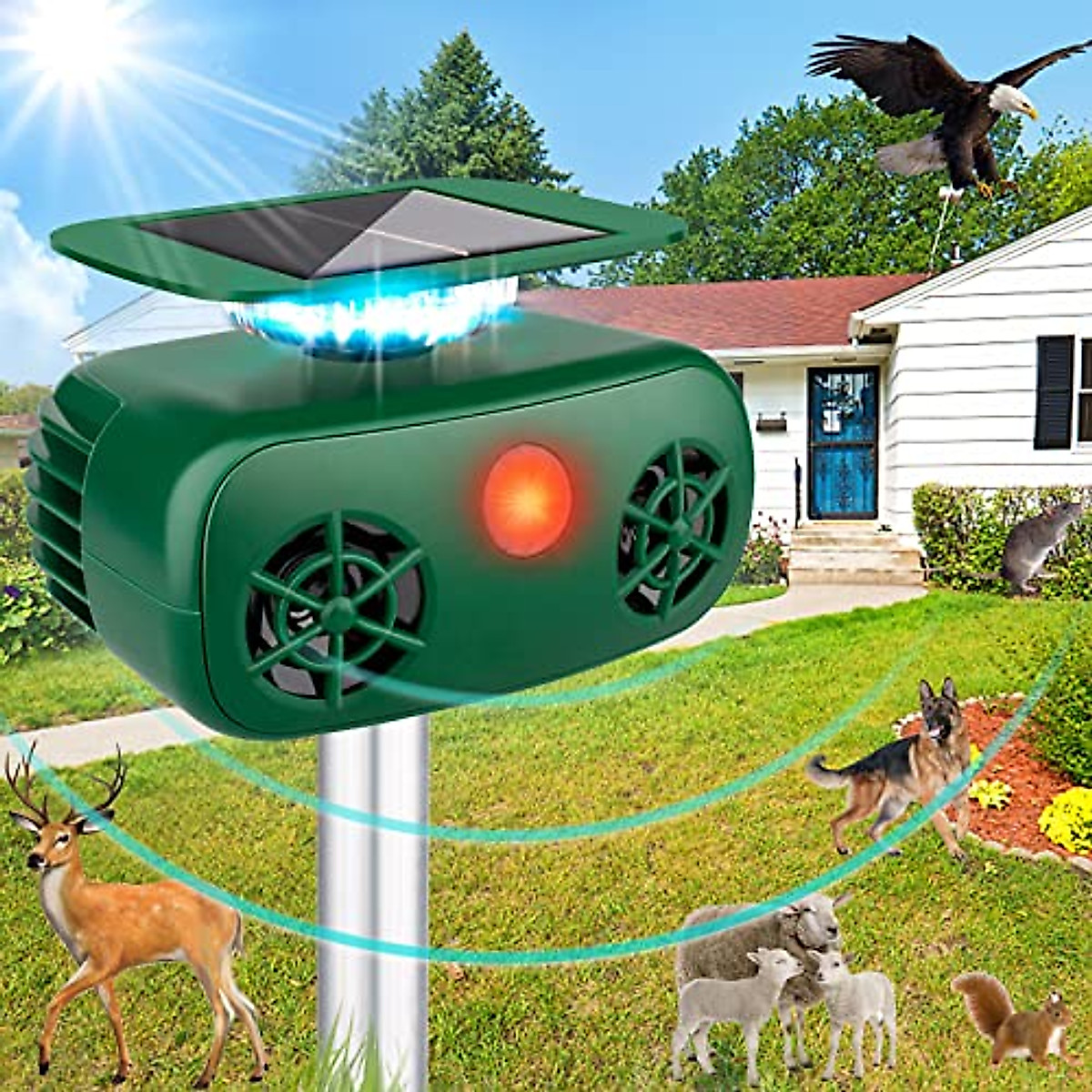 Protecker Ultrasonic Animal Repeller Solar Powered Outdoor,Animal Deterrent Devices Outdoor with Motion and Light Sensor Sound,Squirrel Cat Deer Bird Repellent Sound for Yard, Green