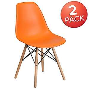 Flash Furniture 2 Pack Elon Series Orange Plastic Chair with Wooden Legs for Versatile Kitchen, Dining Room, Living Room, Library or Desk Use