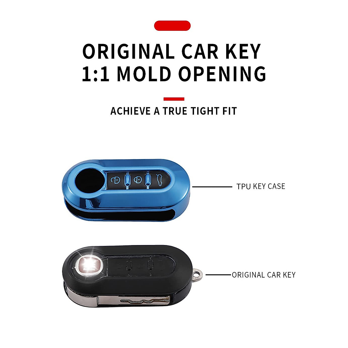 HIBEYO Key Fob Cover for Fiat 500 Linea 3 Button Filping Smart Remote Auto Key Shell with Leather Keychains for Fiat 500 Accessories Soft TPU Key Case-Silver