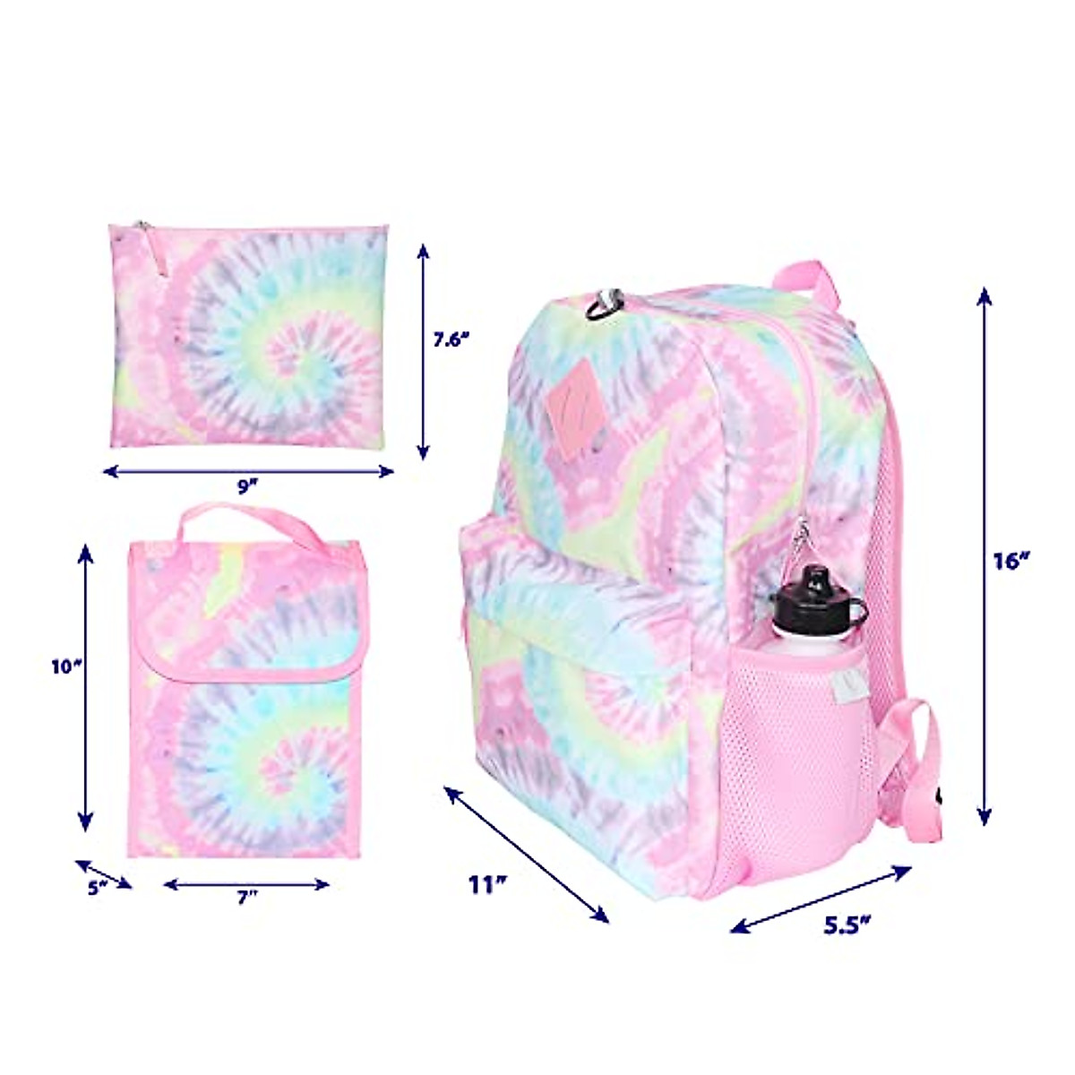 CLUB LIBBY LU Tie Dye Backpack Set for Girls, 16 inch, 6 Pieces - Includes Foldable Lunch Bag, Water Bottle, Scrunchie, & Pencil Case