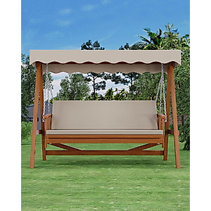Kybolt Wooden Patio Swing with Adjustable Canopy,3-Seater Wood Patio Swing Bench Bed with Removable Cushion,Patio Swing Glider with Flatbed for Backyard Garden Balcony Poolside