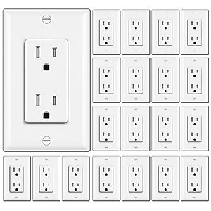 [20 Pack] BESTTEN 15 Amp Tamper Resistant Decor Receptacle, Standard Electrical Wall Outlet, Residential and Commercial Use, 15A/125V/1875W, UL Listed, White
