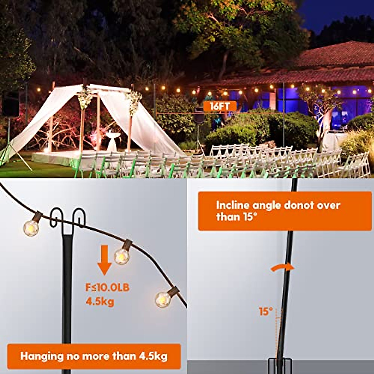 addlon 4Pack 10FT String Light Poles for Outdoor String Lights, Waterproof Harder Metal Outdoor Poles for Hanging String Lights for Patio, Garden, Bistro, Wedding, Parties - Black
