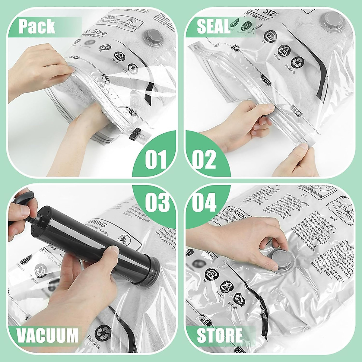 10 Pack Vacuum Storage Bags,Space Saver Bags with Hand Pump,Vacuum Sealer Bags for Store Clothing,Comforters,Blankets,and other Bedding(2Jumbo/2 Large/3 Medium/3 Small)